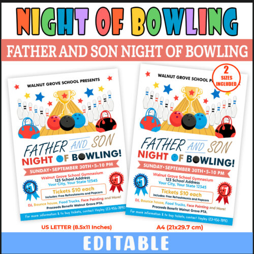 Father and Son Night of Bowling Flyer, School Event Fundraiser Template ...