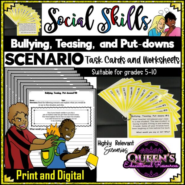 Bullying, Teasing, and Put-downs Scenario Task Cards and Worksheets ...