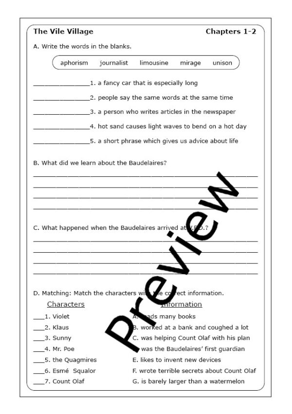 Lemony Snicket "The Vile Village" worksheets | Made By Teachers