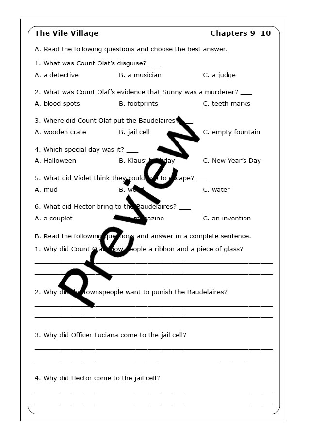 Lemony Snicket "The Vile Village" worksheets | Made By Teachers