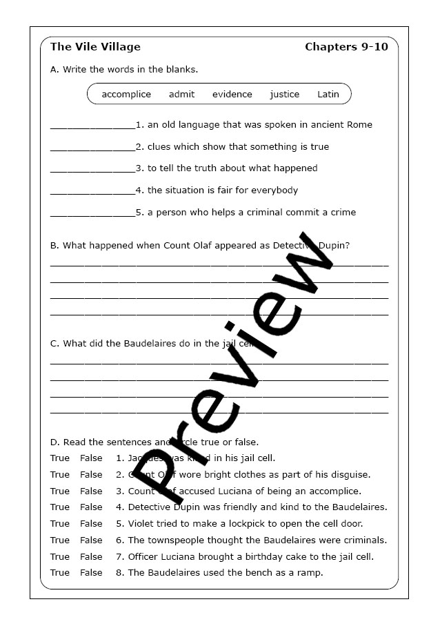 Lemony Snicket "The Vile Village" worksheets | Made By Teachers