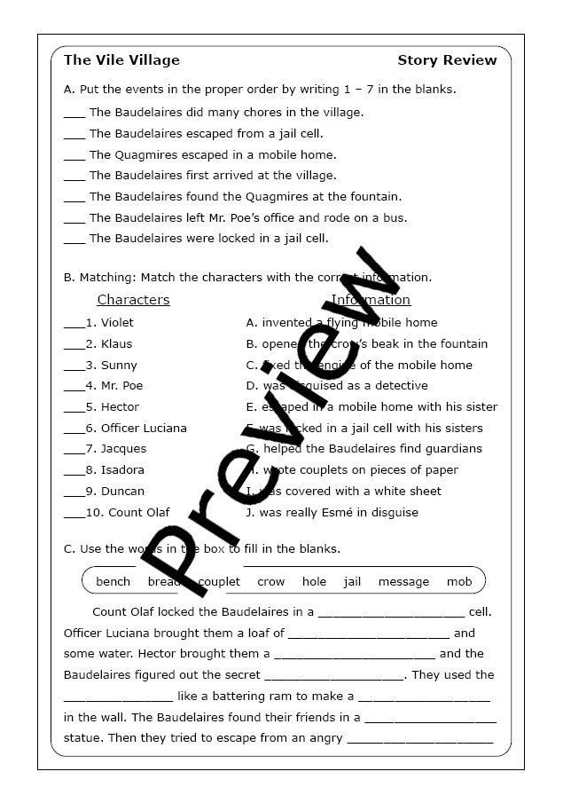 Lemony Snicket "The Vile Village" worksheets | Made By Teachers