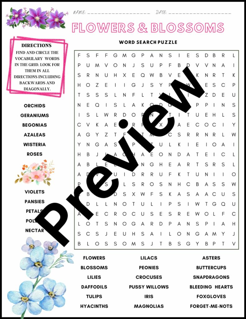 Spring word search puzzle activity, flowers and blossoms wordsearch ...