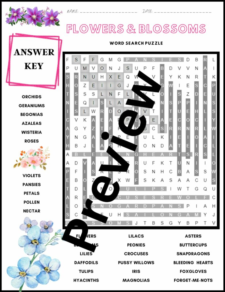 Spring word search puzzle activity, flowers and blossoms wordsearch ...