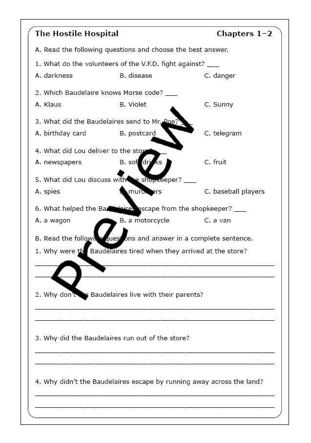 Lemony Snicket "The Hostile Hospital" worksheets | Made By Teachers