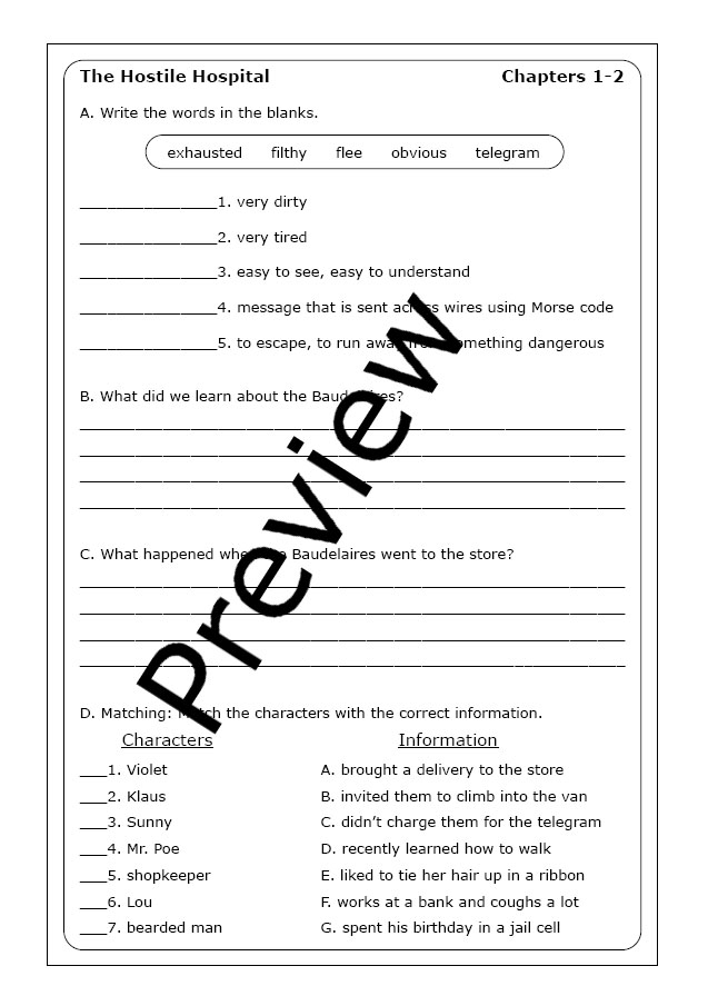 Lemony Snicket "The Hostile Hospital" worksheets | Made By Teachers