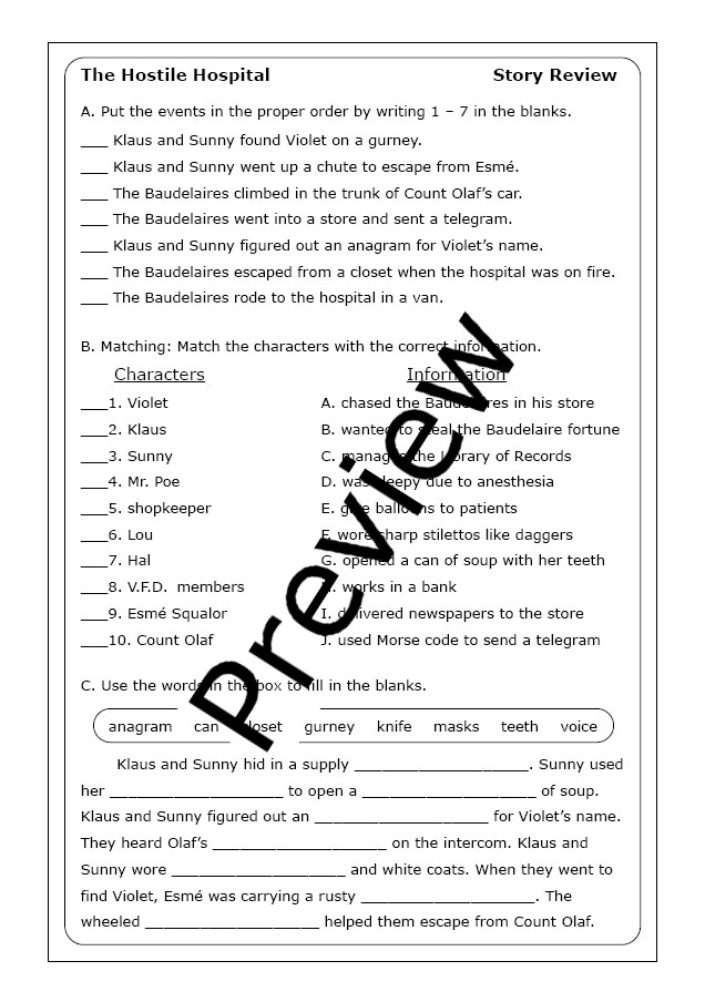 Lemony Snicket "The Hostile Hospital" worksheets | Made By Teachers