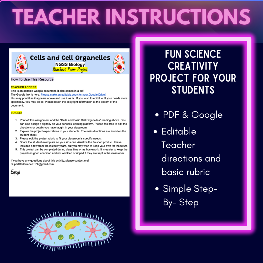 Cells and Organelles Blackout Poem Biology Project NGSS Activity Get ...