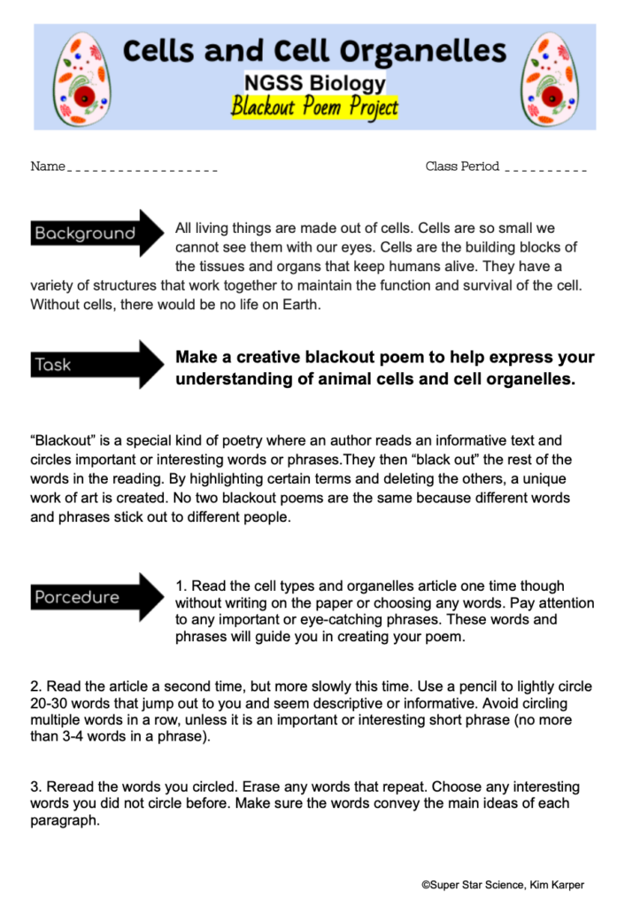 Cells and Organelles Blackout Poem Biology Project NGSS Activity Get ...