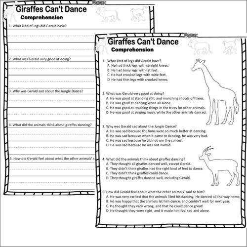 Giraffes Can’t Dance Book Companion Reading Comprehension Worksheets ...