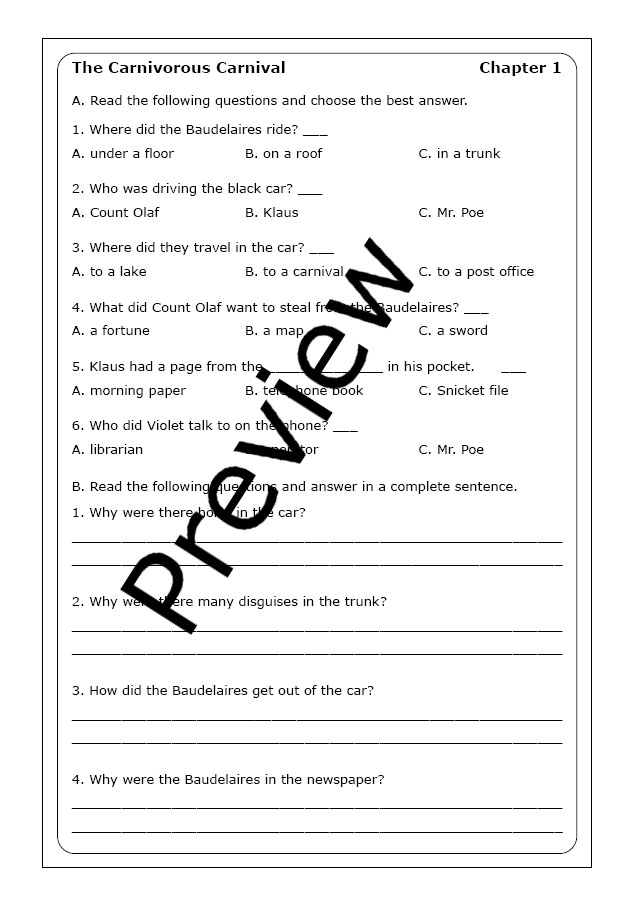 Lemony Snicket "The Carnivorous Carnival" worksheets | Made By Teachers