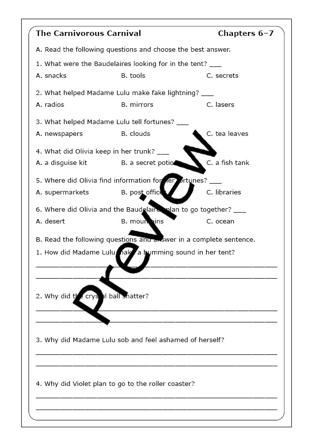 Lemony Snicket "The Carnivorous Carnival" worksheets | Made By Teachers