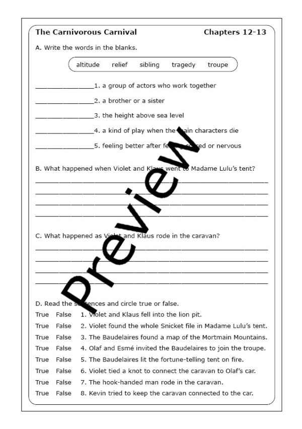 Lemony Snicket "The Carnivorous Carnival" worksheets | Made By Teachers