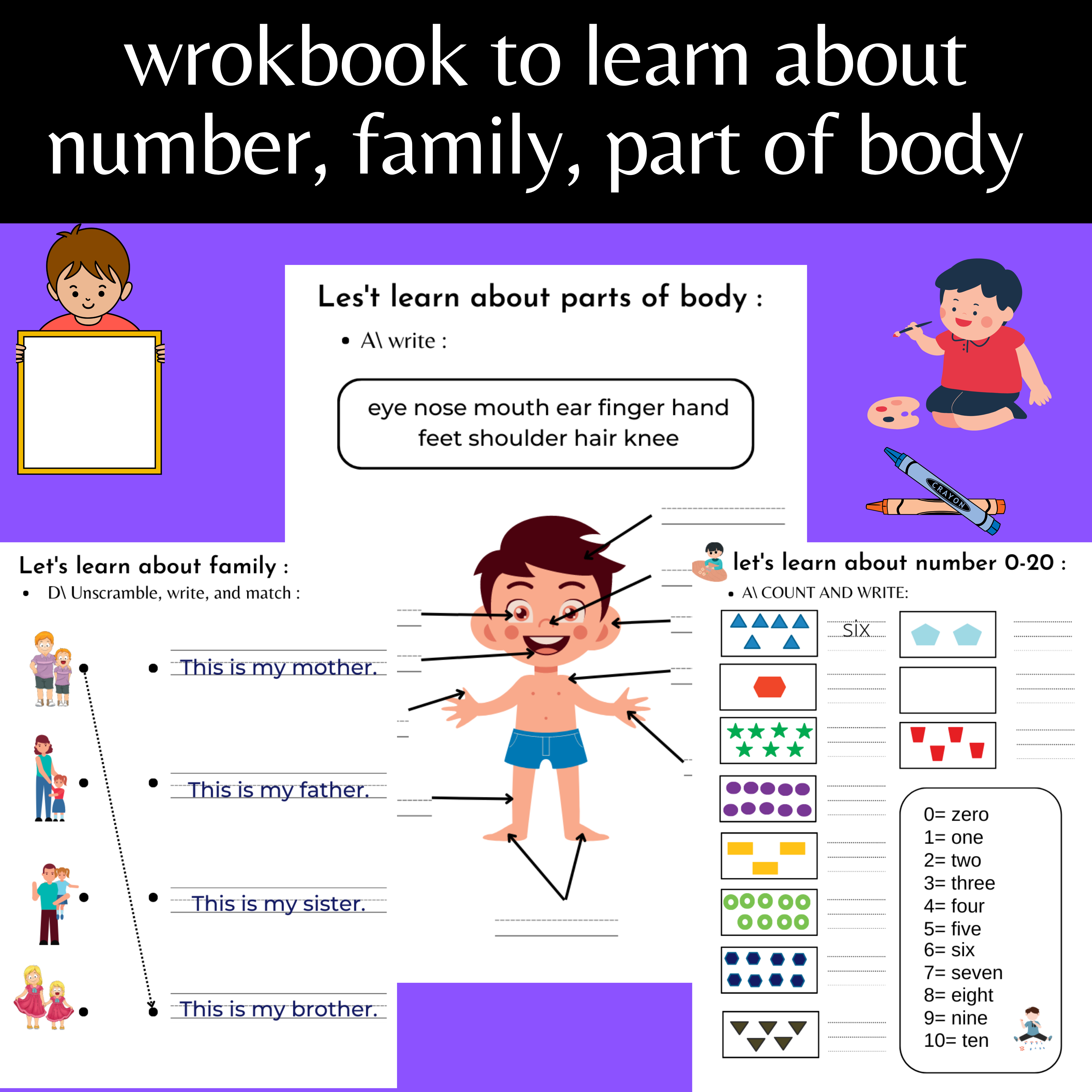 workbooks for preschool: Numbers, Food, Family, Body Parts, and Shapes ...