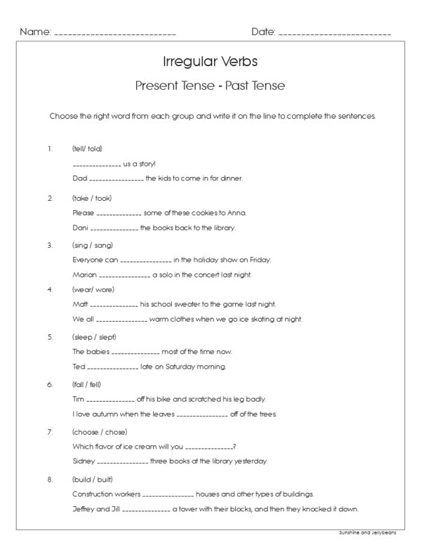 Irregular Verbs - Present and Past Tenses - 4 worksheets - Grades 2-3 ...
