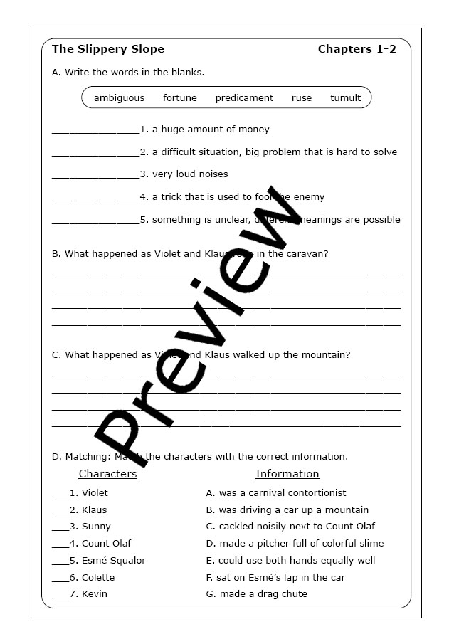 Lemony Snicket "The Slippery Slope" worksheets | Made By Teachers