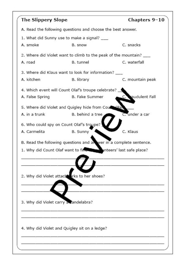 Lemony Snicket "The Slippery Slope" worksheets | Made By Teachers