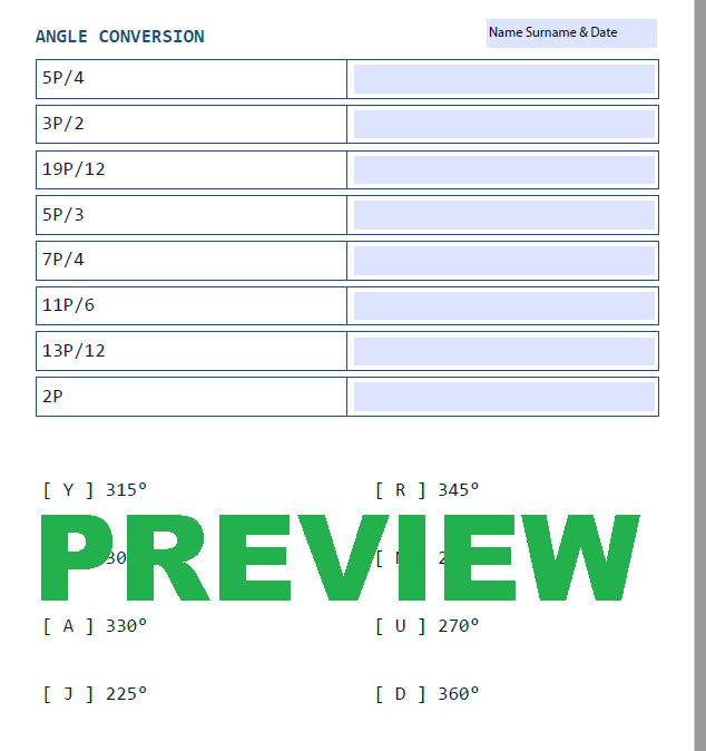 CONVERSION WORKSHEETS: UNITS OF ANGLE | Made By Teachers