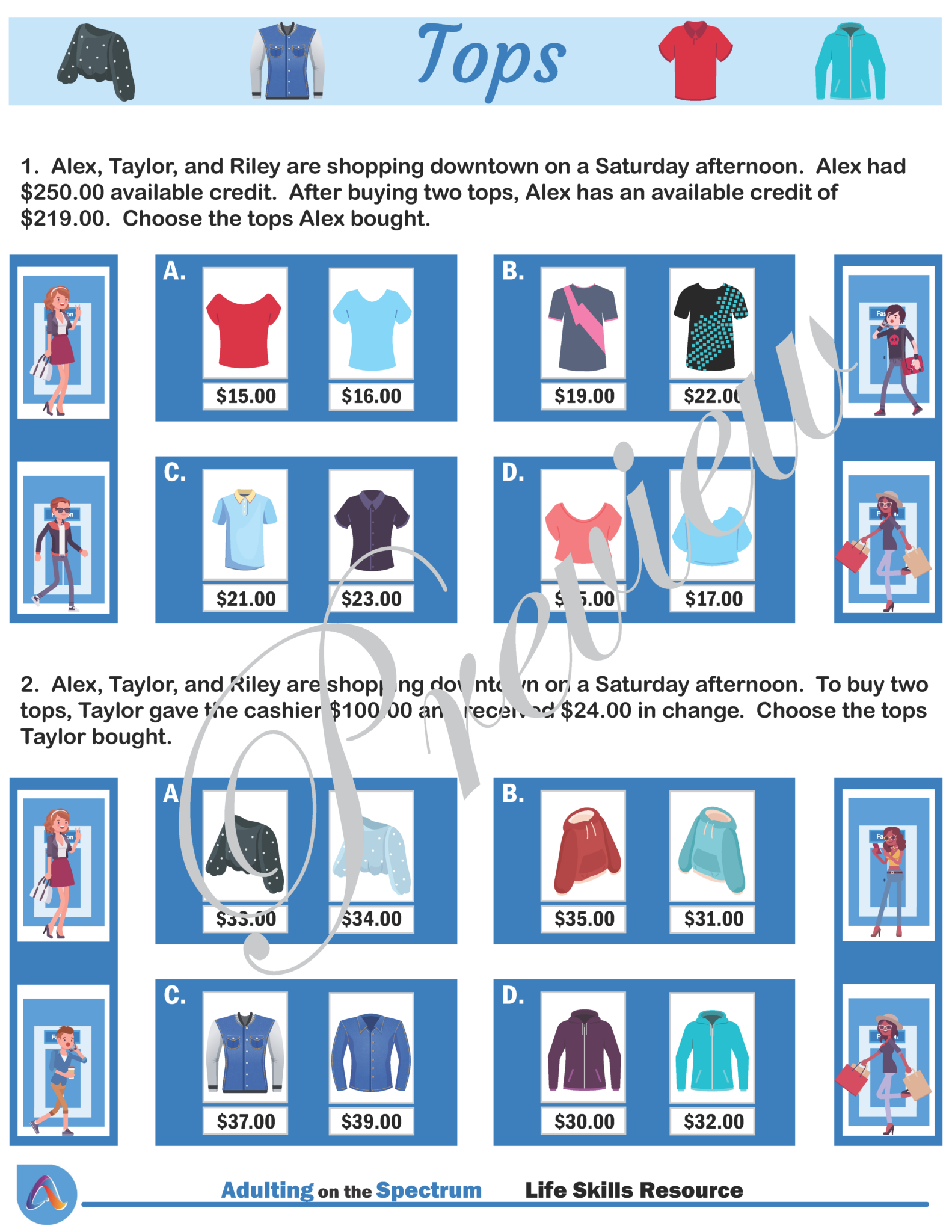 Money Math Life Skills Worksheet - Level 1 Clothes Shopping | Made By ...