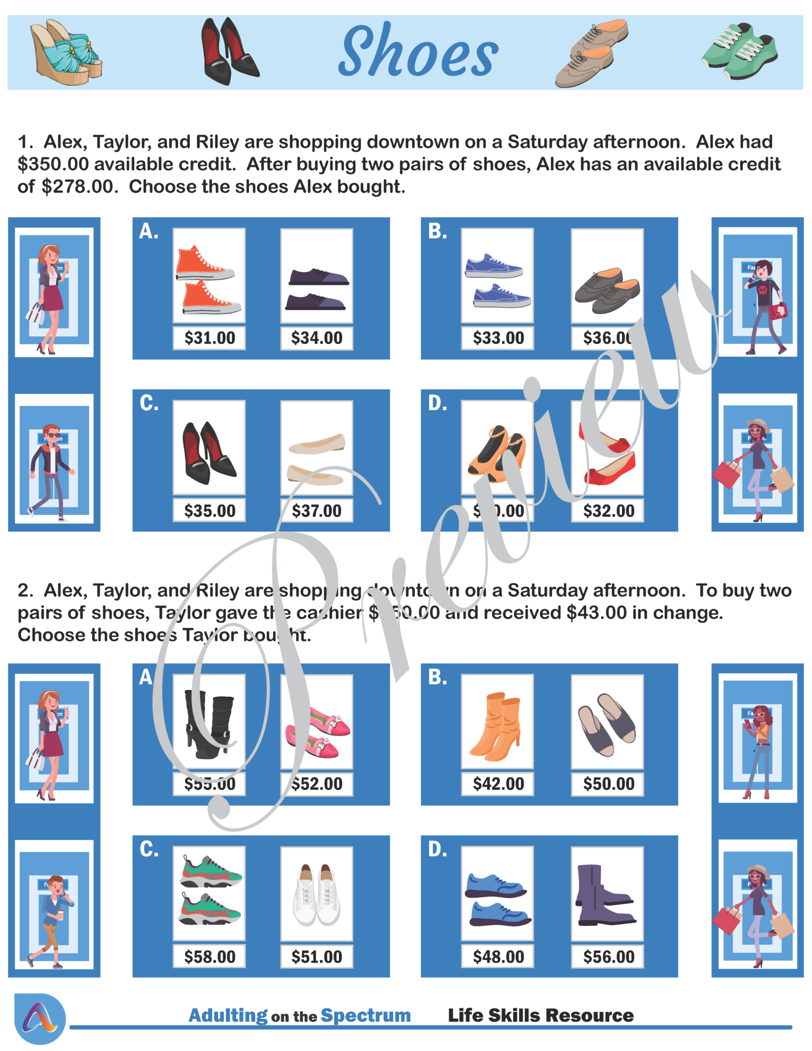 Level 1 Clothes Shopping Money Math No-Prep SPED Independent Living Skills Activity for Teens ...