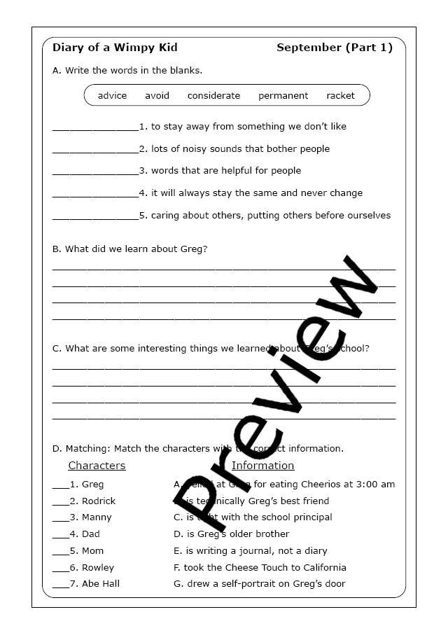 Jeff Kinney "Diary of a Wimpy Kid" (Book #1) worksheets | Made By Teachers