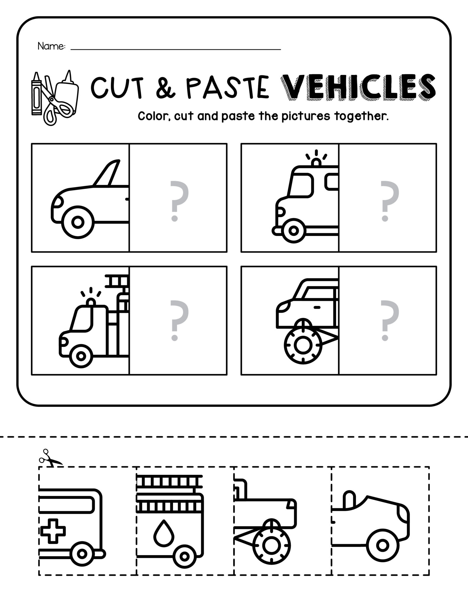 Creative Cut-and-Paste Worksheets to Learn About Vehicles | Made By ...