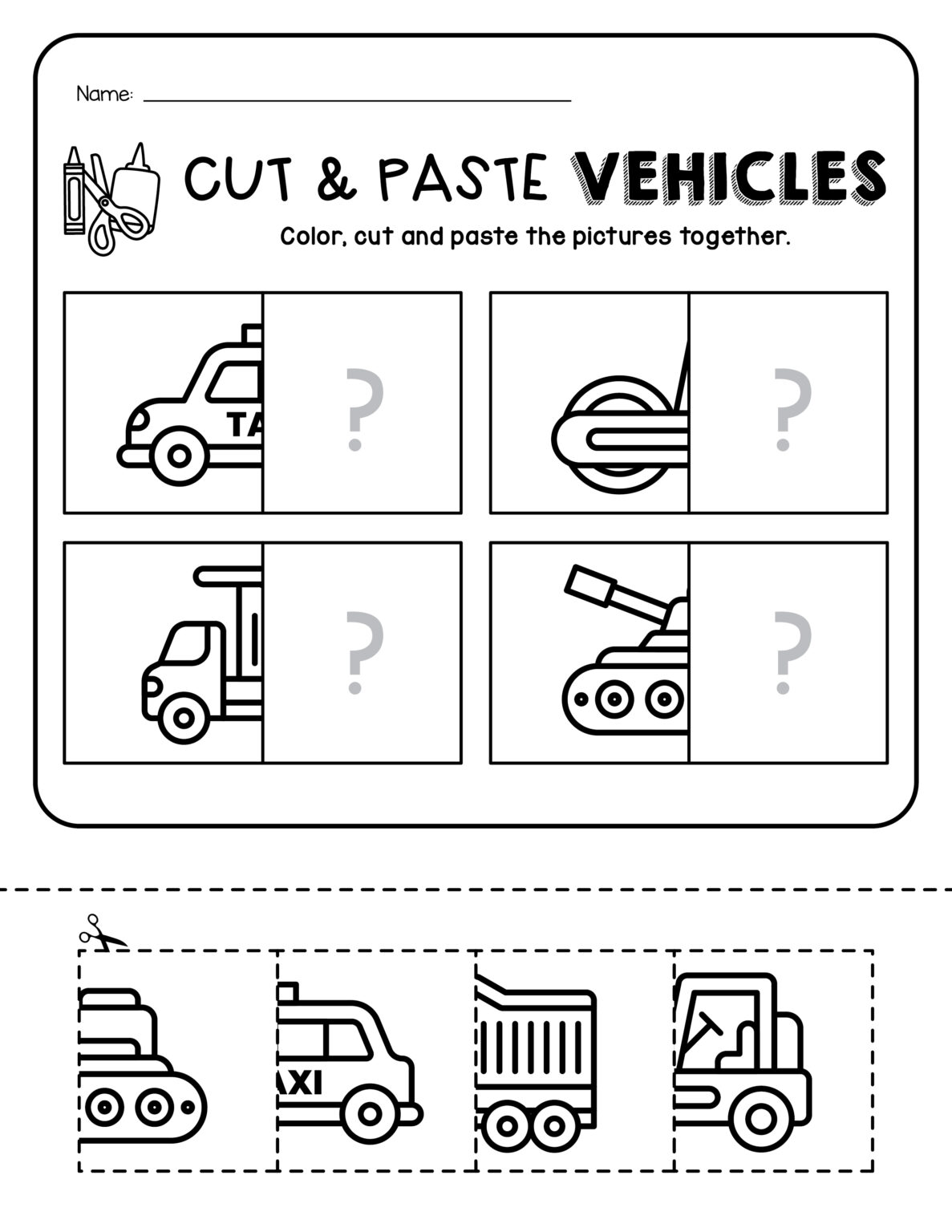 Creative Cut-and-Paste Worksheets to Learn About Vehicles | Made By ...