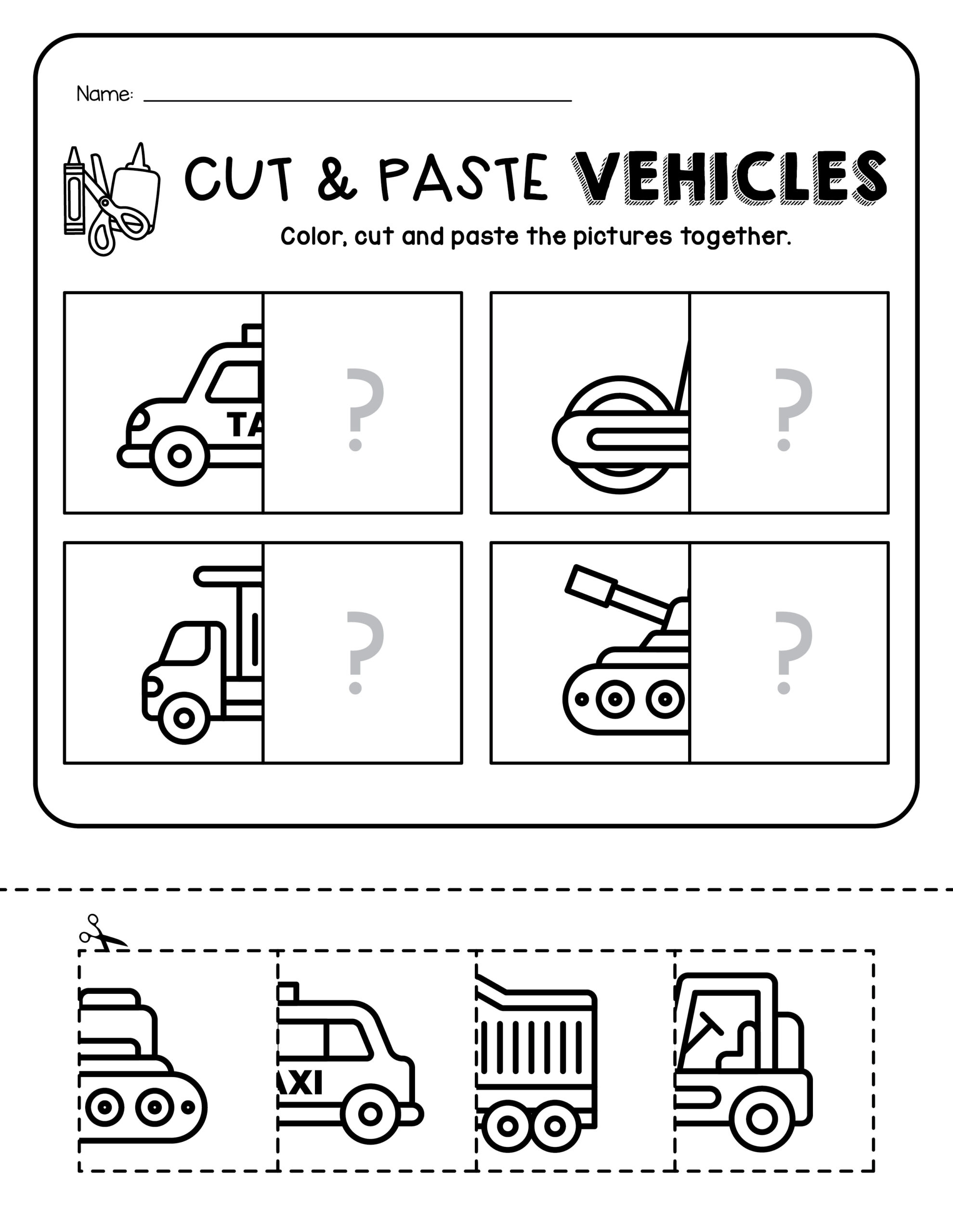 Creative Cut-and-Paste Worksheets to Learn About Vehicles | Made By ...