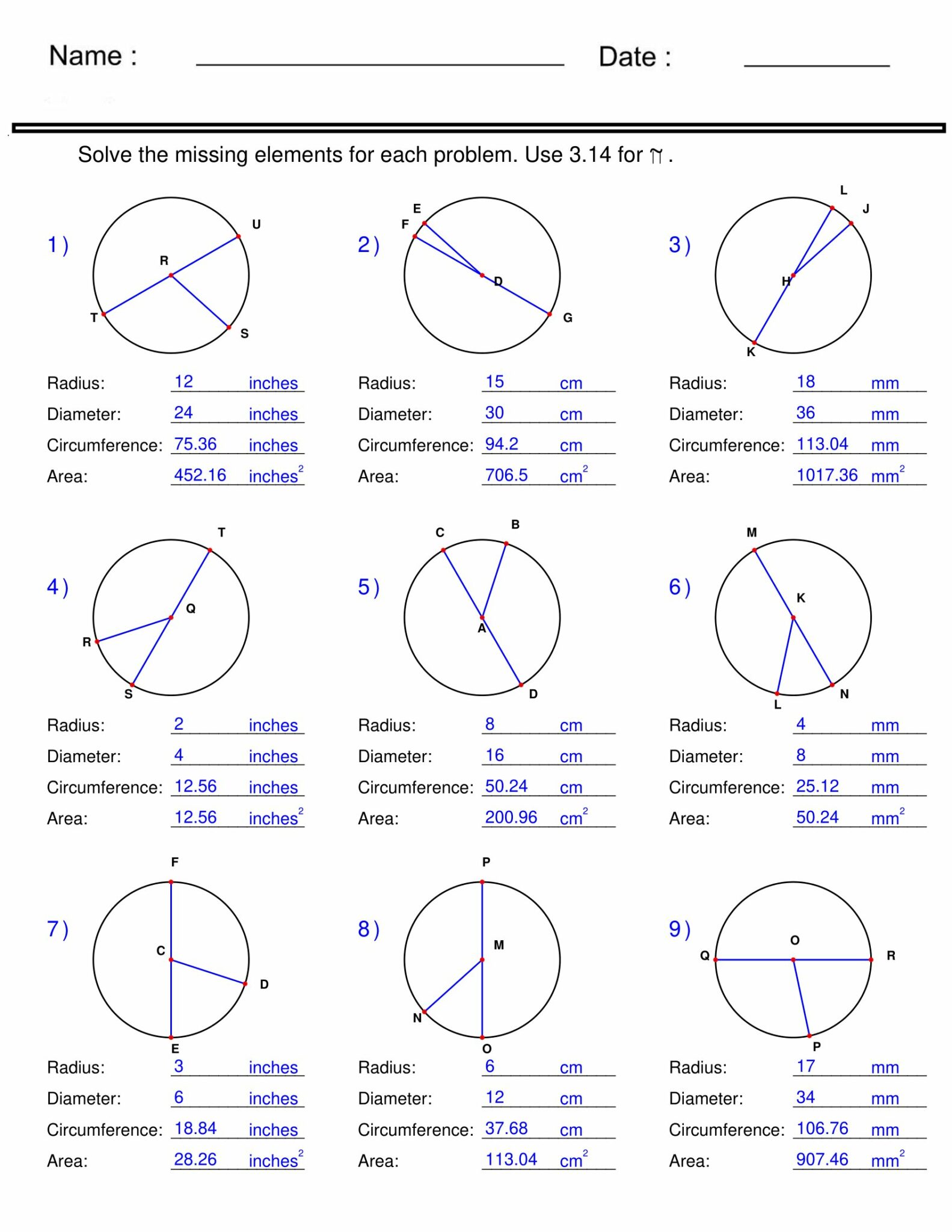 Circumference, Area, Radius, and Diameter - Circle Worksheets | Made By ...