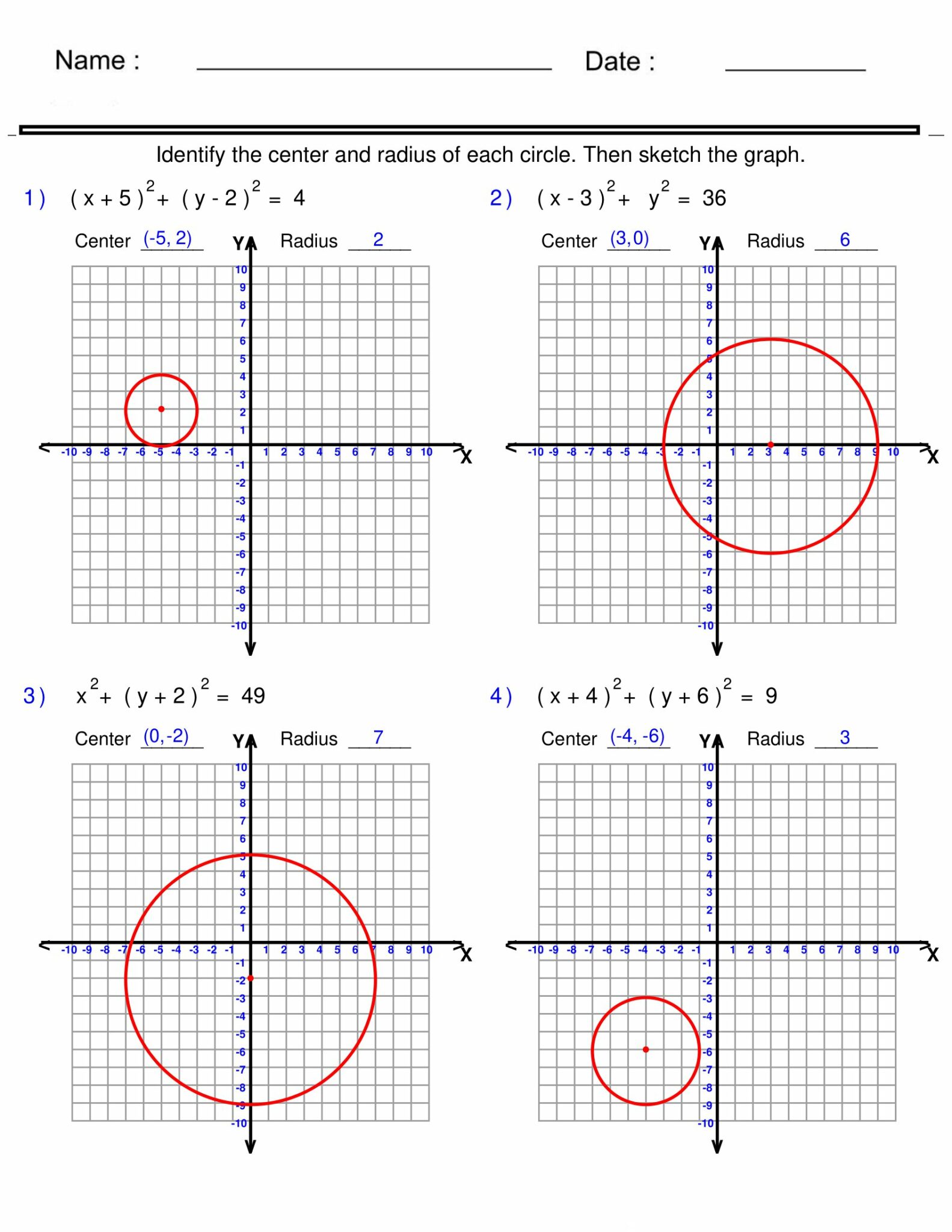 Graphing Equation of a Circle - Circle Worksheets | Made By Teachers