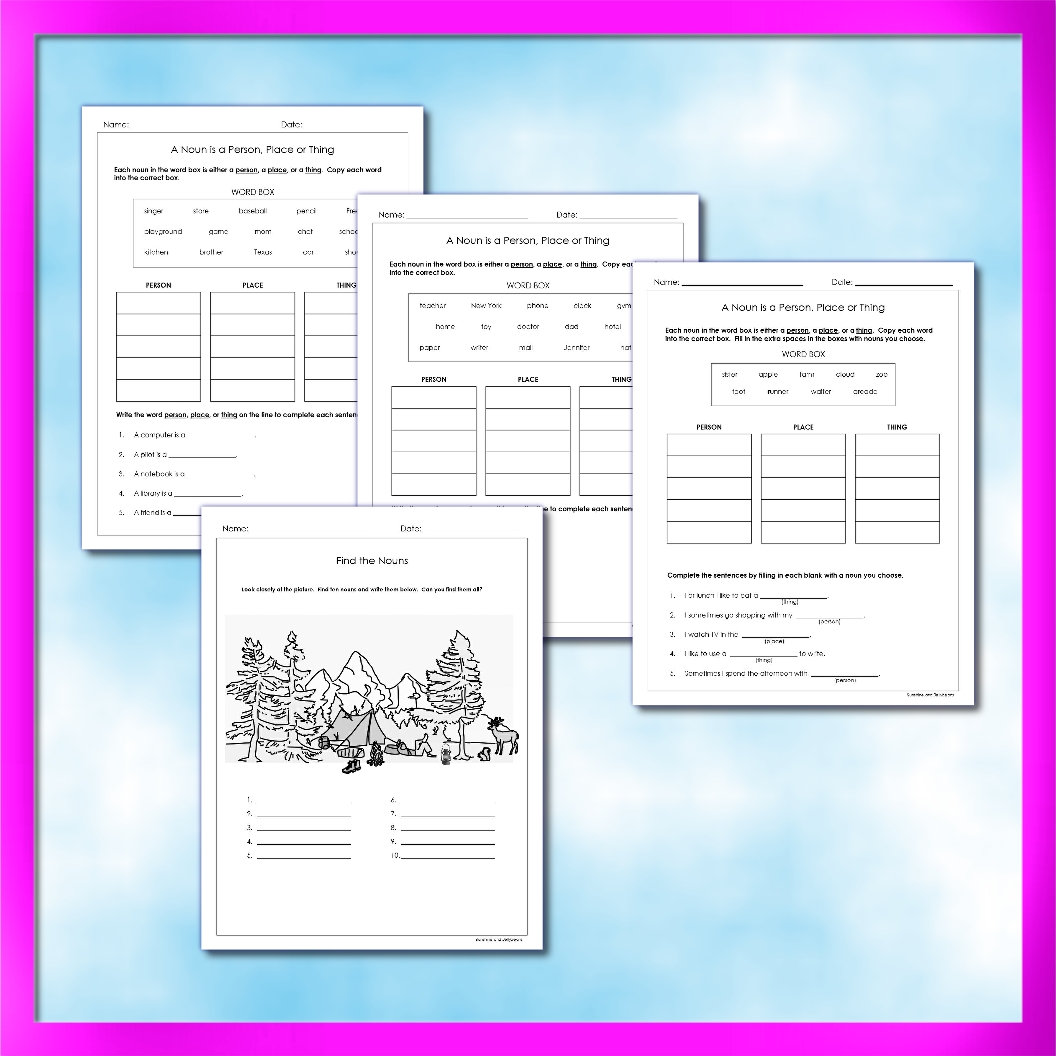 A Noun is a Person, Place or Thing - 4 worksheets - Grades 1-2 - CCSS ...