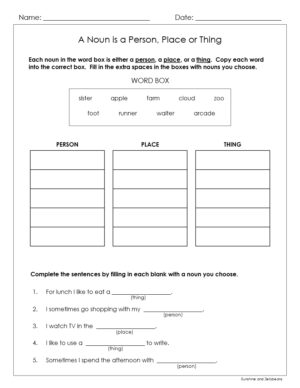 A Noun is a Person, Place or Thing - 4 worksheets - Grades 1-2 - CCSS ...