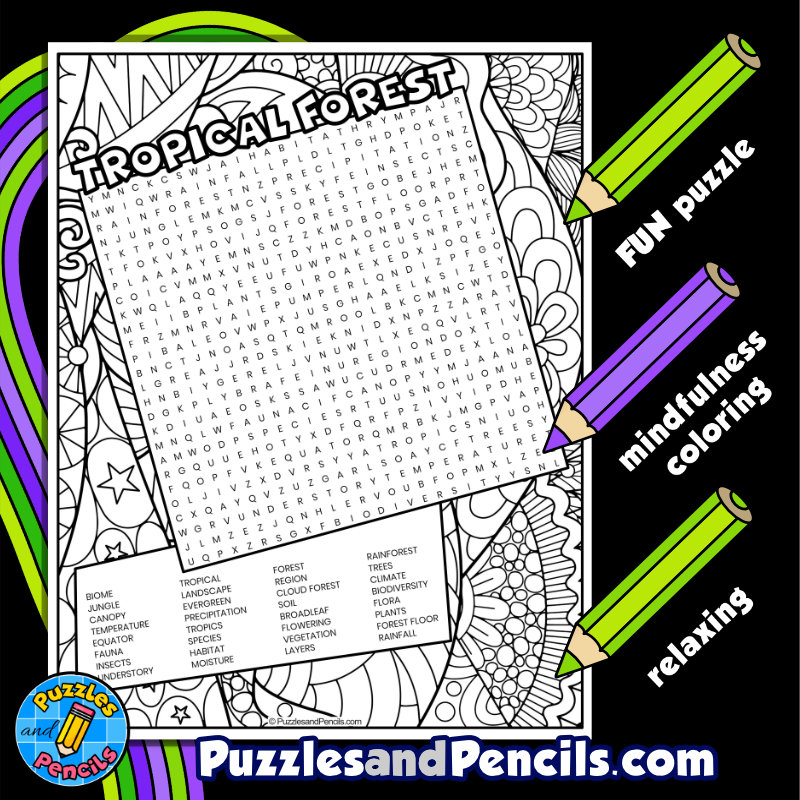 Tropical Forest Word Search Puzzle with Coloring | Biome Wordsearch ...