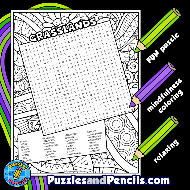 Grasslands Word Search Puzzle with Coloring | Biome Wordsearch | Made ...