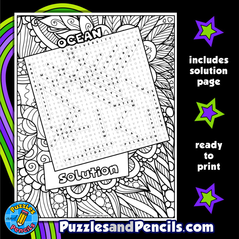 Ocean Word Search Puzzle with Coloring | Biome Wordsearch | Made By ...