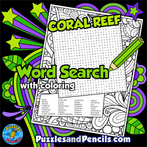 Coral Reef Word Search Puzzle with Coloring | Biome Wordsearch | Made ...