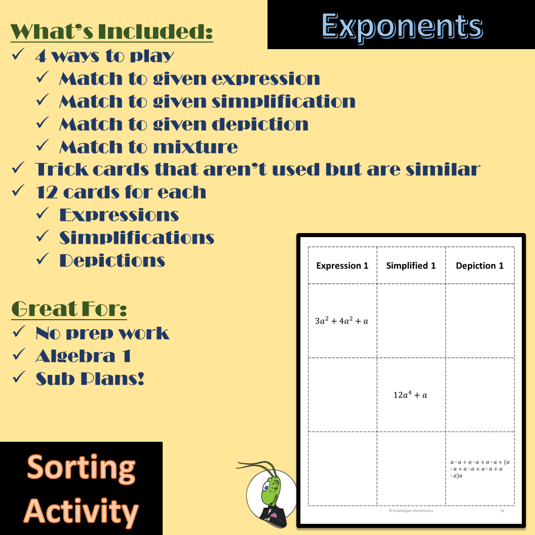 Exponent Rules Sorting Activity | Algebra 1 - expression, simpliciation ...