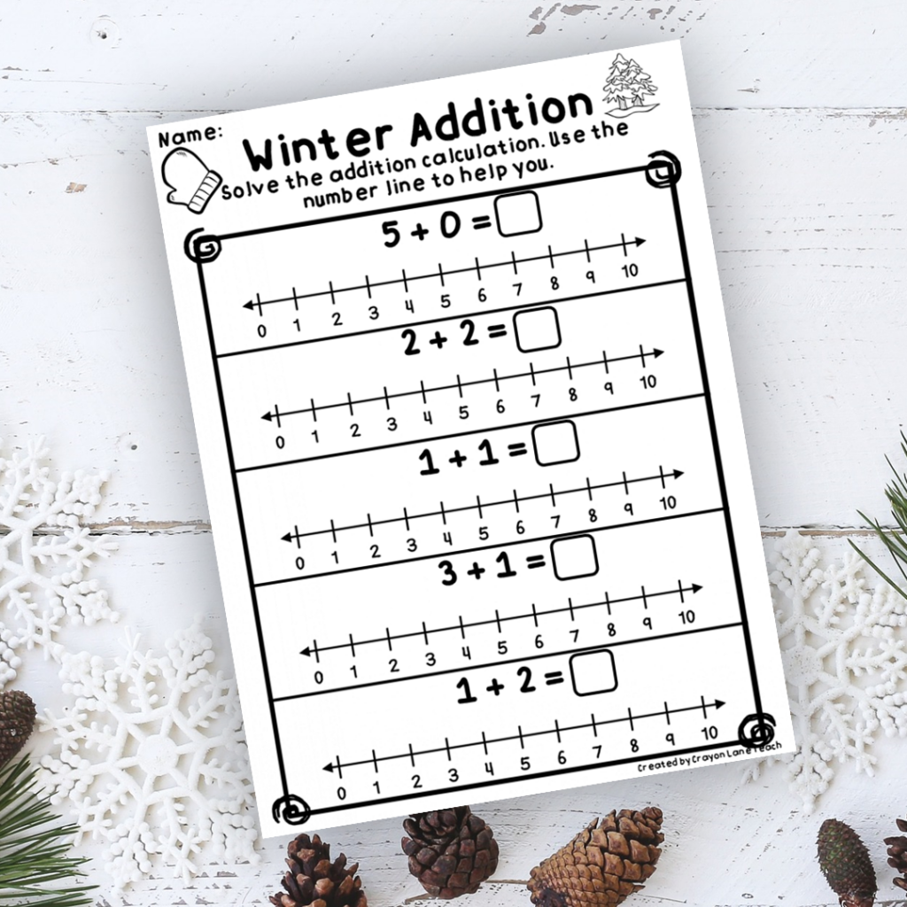 Addition with a Number Line Winter Math Worksheets Kindergarten 1st ...