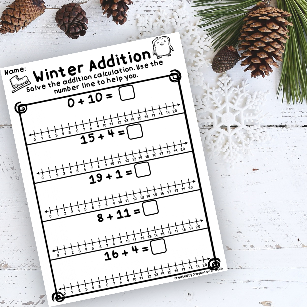 Addition with a Number Line Winter Math Worksheets Kindergarten 1st ...