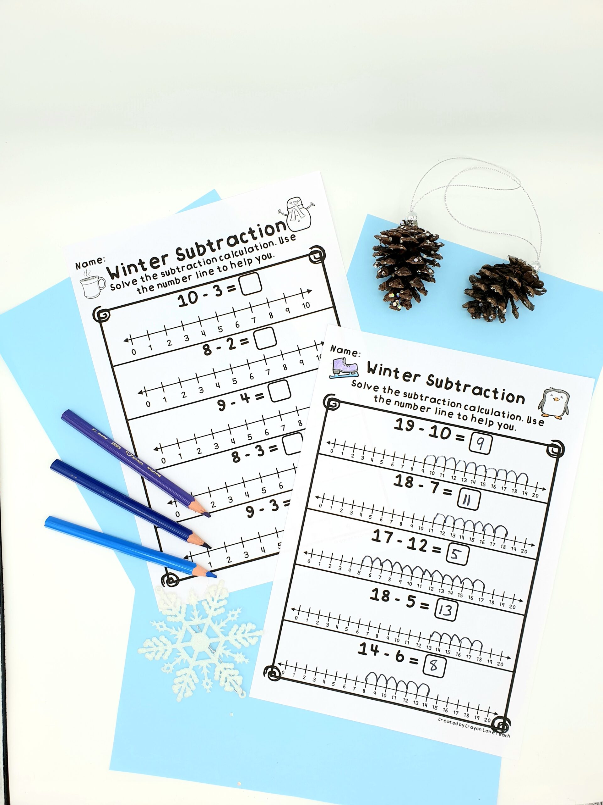 Subtraction with a Number Line Winter Math Worksheets Kindergarten 1st ...