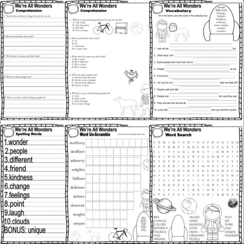 We’re All Wonders Book Companion Reading Comprehension Worksheets ...