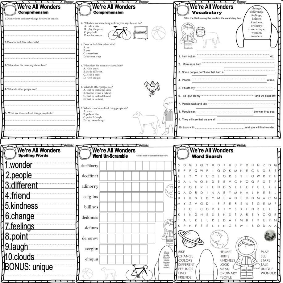 We’re All Wonders Book Companion Reading Comprehension Worksheets ...