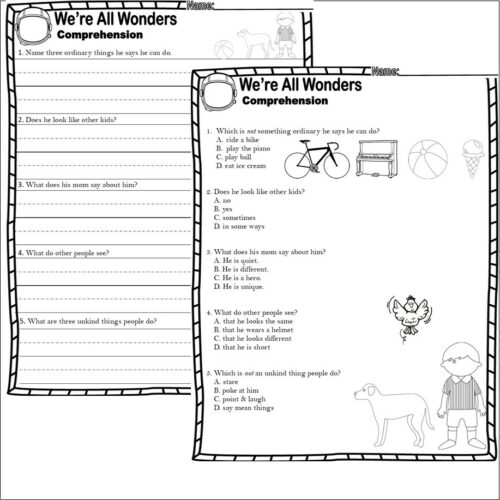 We’re All Wonders Book Companion Reading Comprehension Worksheets ...