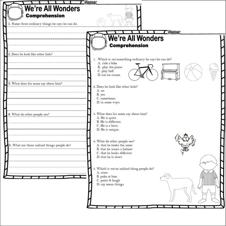 We’re All Wonders Book Companion Reading Comprehension Worksheets ...