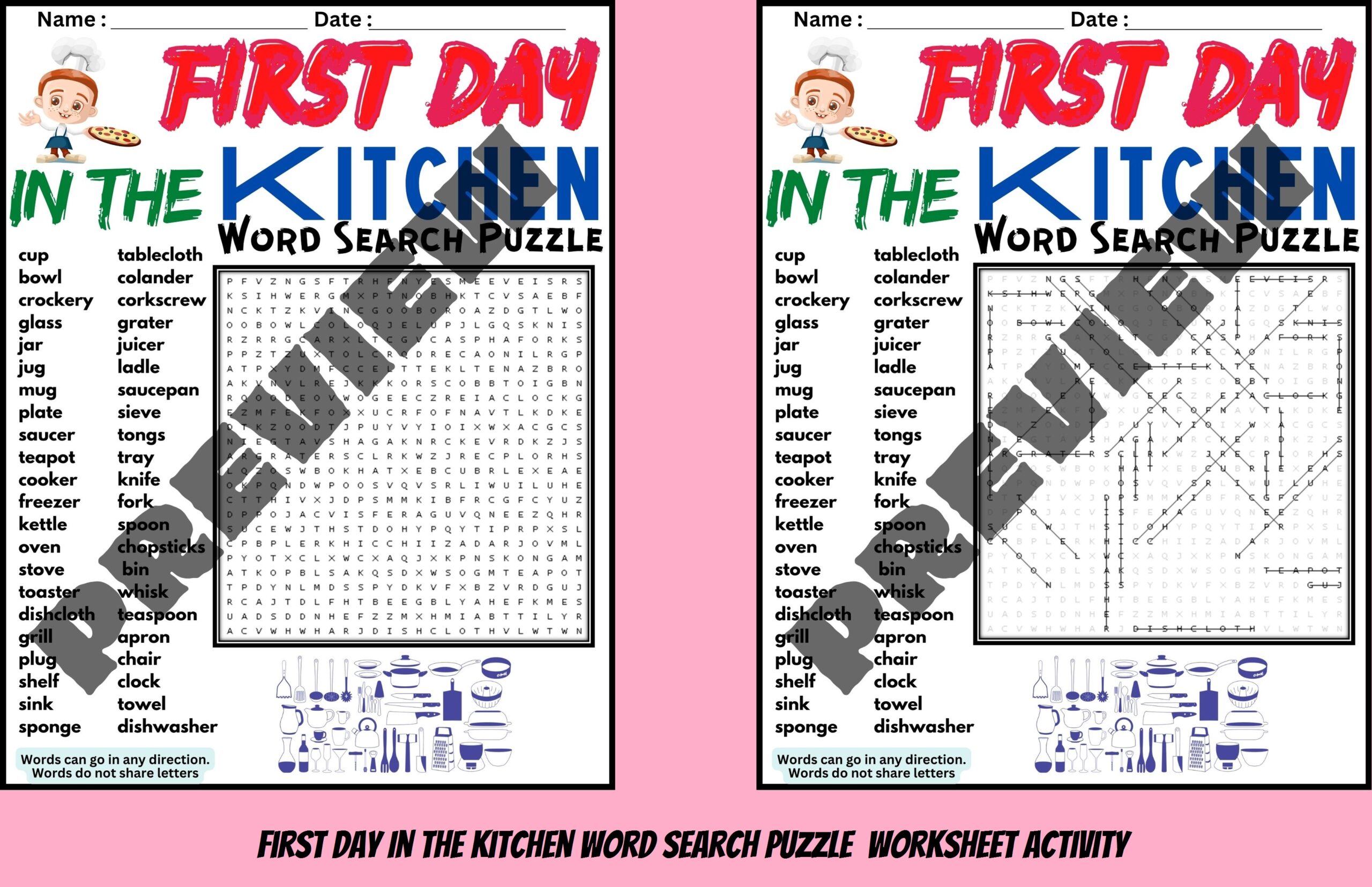 First Day In The Kitchen Word Search Puzzle Worksheet Activity | Made ...