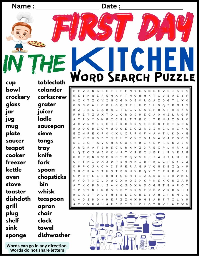 First Day In The Kitchen Word Search Puzzle Worksheet Activity | Made ...