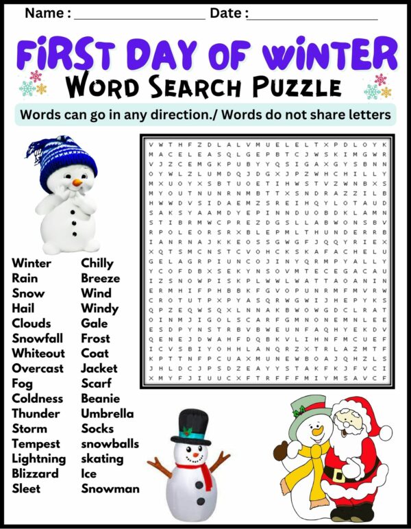 FIRST DAY OF WINTER VOCABULARY Word Search Puzzle Worksheet Activity ...