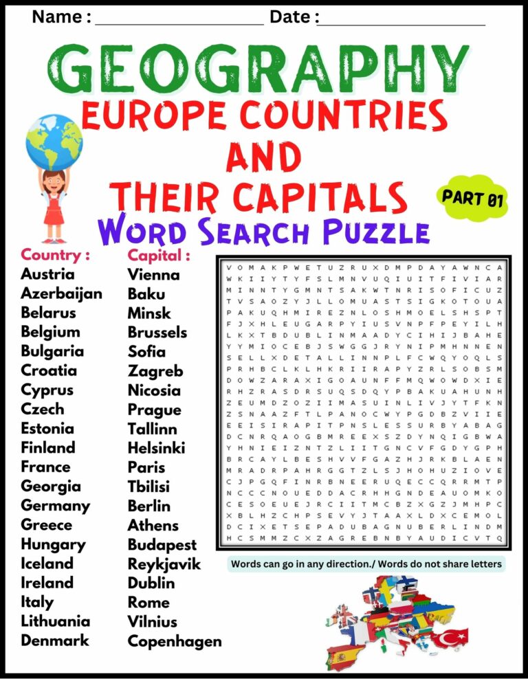 GEOGRAPHY EUROPE COUNTRIES AND THEIR CAPITALS - Word Search Worksheet ...
