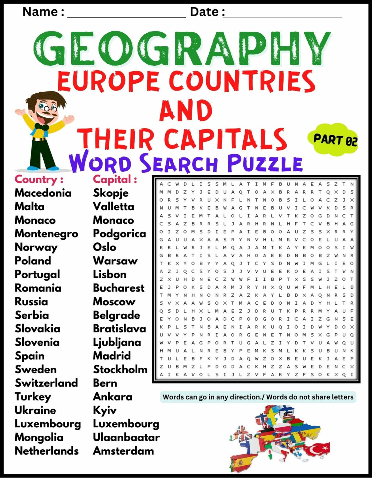 EUROPE & THEIR CAPITALS GEOGRAPHY PART 02 - Word Search Worksheet ...