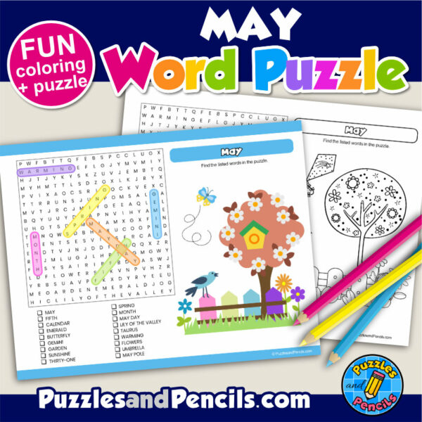 May Word Search Puzzle Activity Page and Coloring | May Wordsearch ...